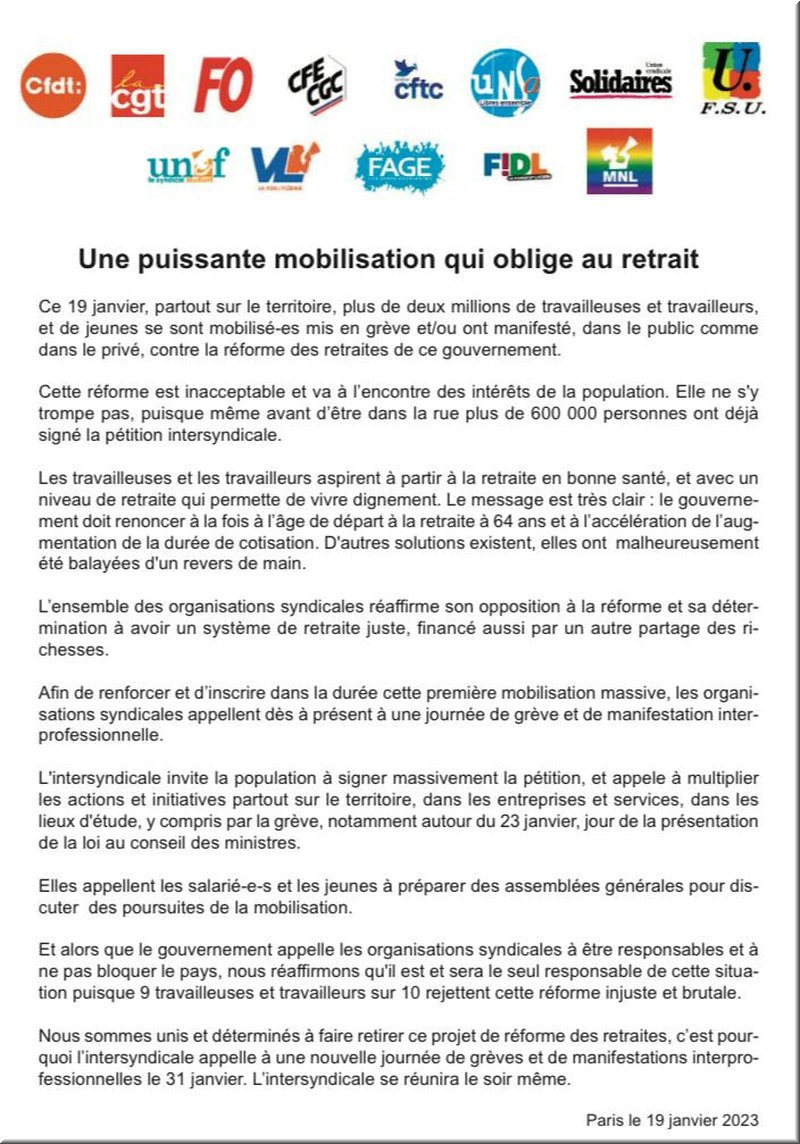 CFDT – 31 janvier, réforme des retraites, une puissante mobilisation ...